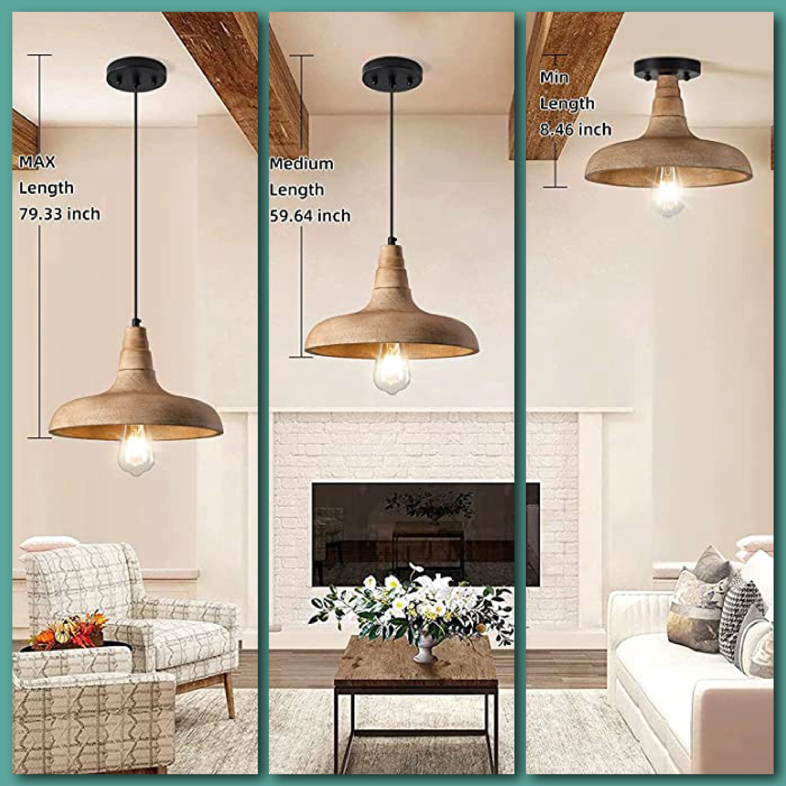 1 Light wood pendant light Farmhouse pendant light fixture Adjustable ...