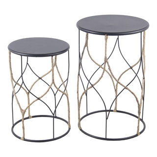 Round Metal Accent Table with Lattice Design Base, Set of 2, Black ...