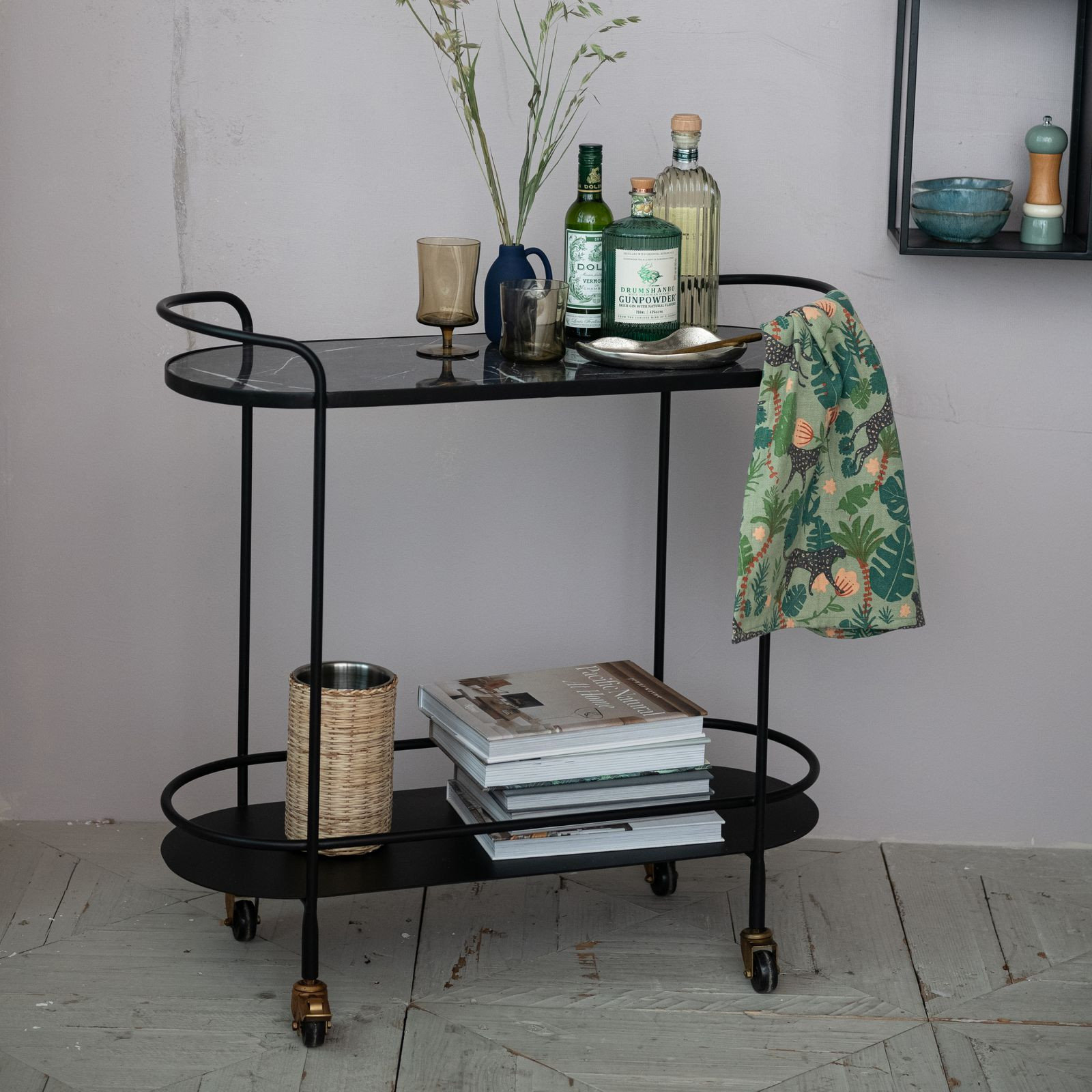 Metal and Veneer 2-Tier Bar Cart on Wheels, Matte Black - Industrial ...