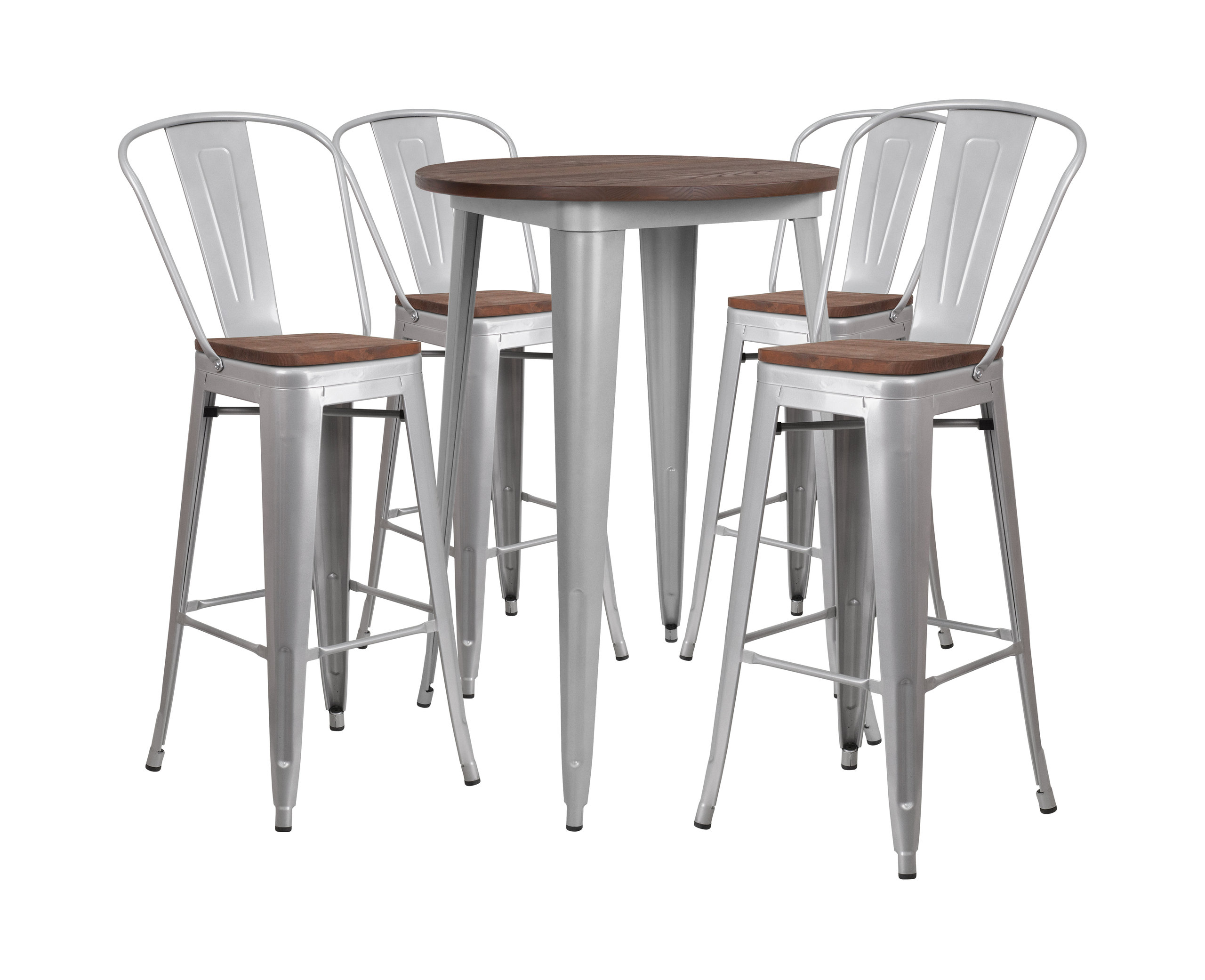 30" Round Silver Metal Bar Table Set with Wood Top and 4 Stools ...