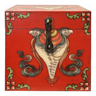 Chinese Distressed Red Wheel Conch Graphic Square Shape Box Hws3497 ...