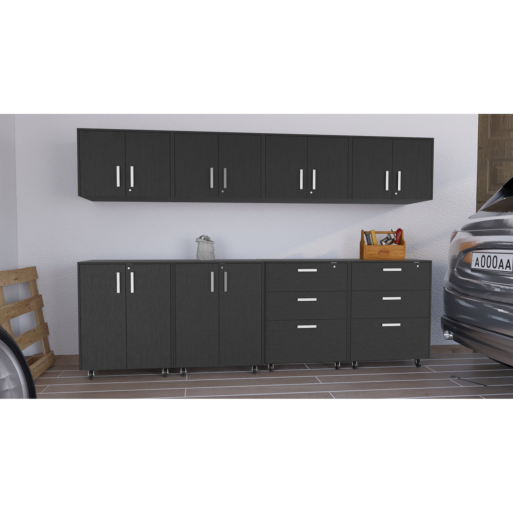 8 Piece Set, 4 Wall Cabinets + 2 Storage Cabinets + 2 Drawer Cabinets ...