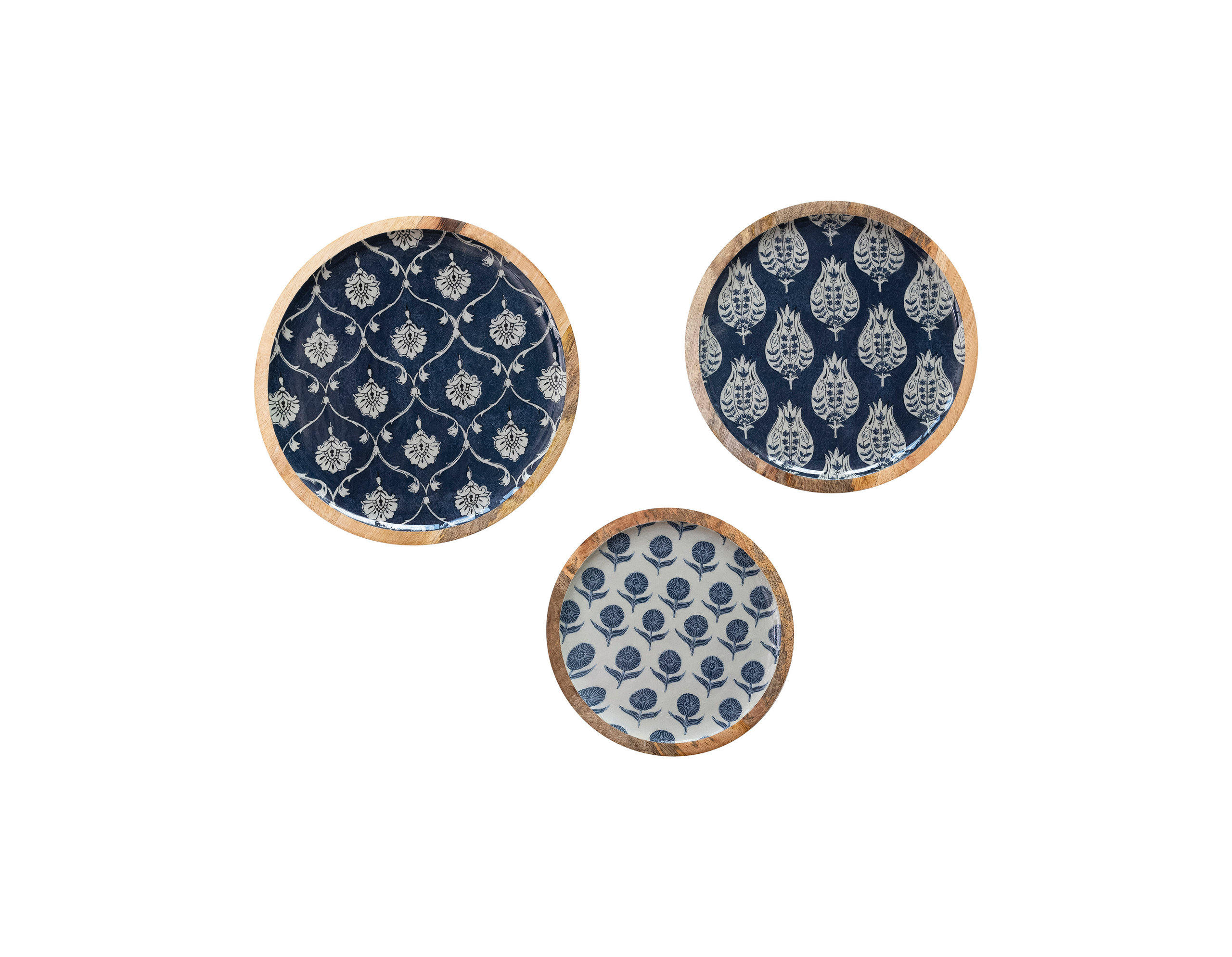Enameled Mango Wood Trays With Floral Pattern, Blue, Set of 3 ...