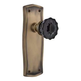 Prairie Plate Privacy Crystal Black Glass Knob, Antique Brass, Backset ...