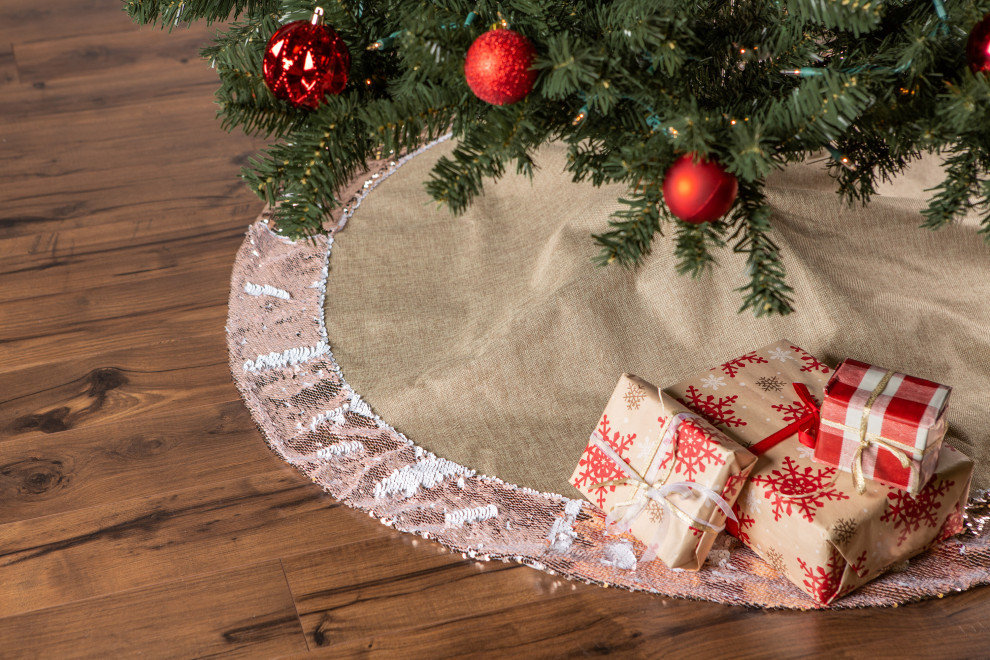 Holiday Tree Skirt Linen With Champagne Sequin Border - Modern ...