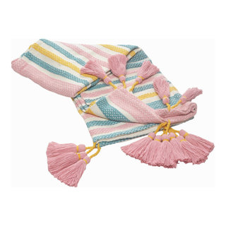 Pink, Blue, and Sunny Striped Throw Blanket With Tassels - Contemporary ...