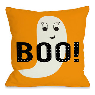Smiley Ghost Boo Dot Orange White Pillow by OBC, 18x18 - Contemporary ...