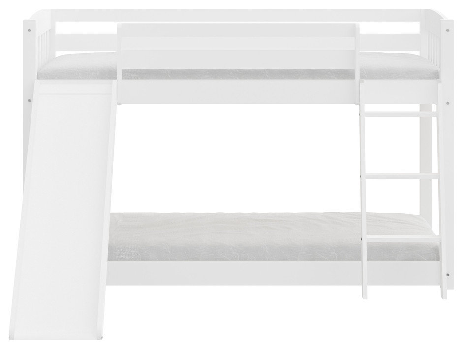 White Twin over Twin Solid Wood Bunk Bed With Slide and Ladder ...