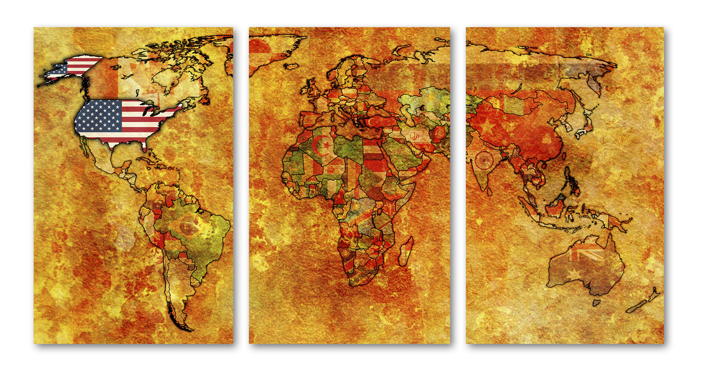 Flags World Map Canvas Print, 3 Panel Split, Triptych Wall Art, 48x24 ...