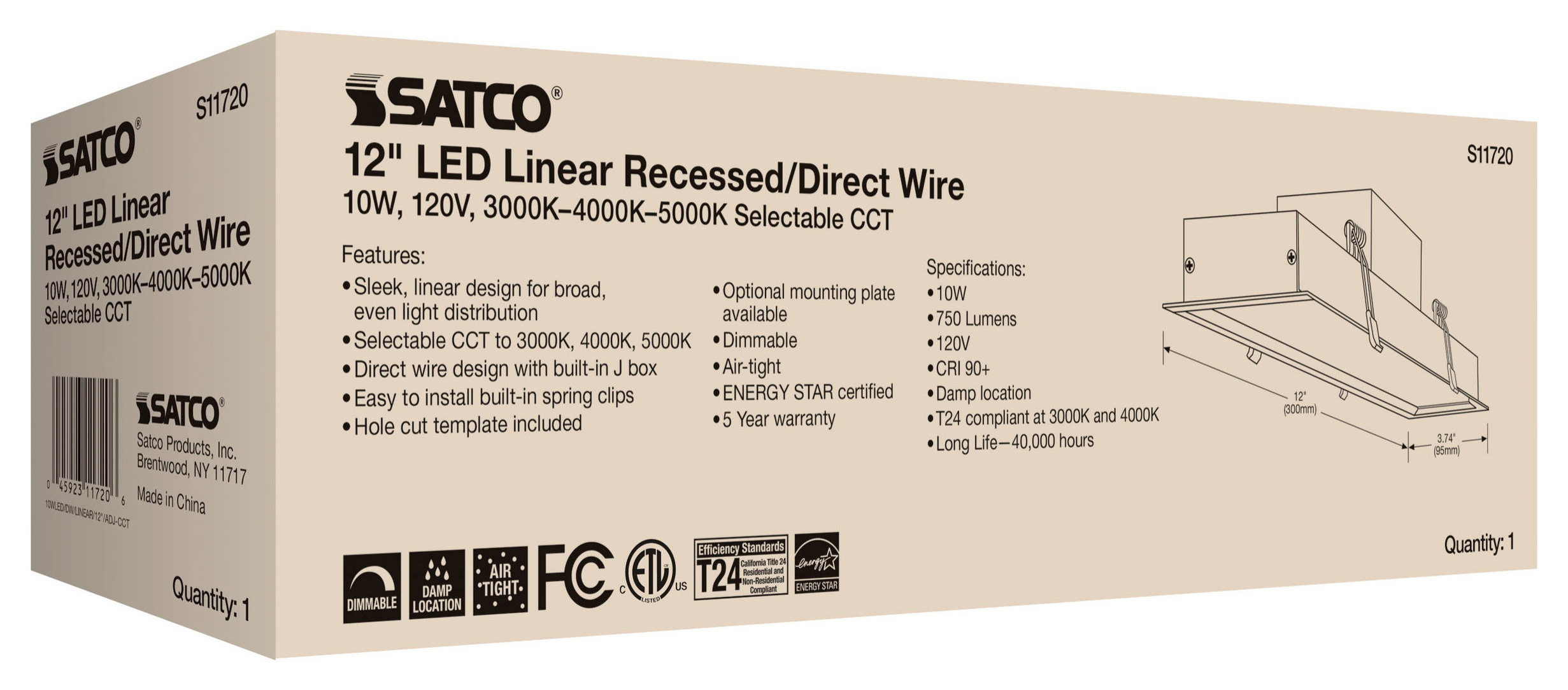 10 Watt LED Direct Wire Linear Downlight - 12 in - Adjustable CCT - 120 ...