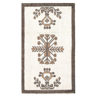 Consigned, Worn Oriental Handmade Ferdos Persian Vintage Rug, Beige, 4 ...