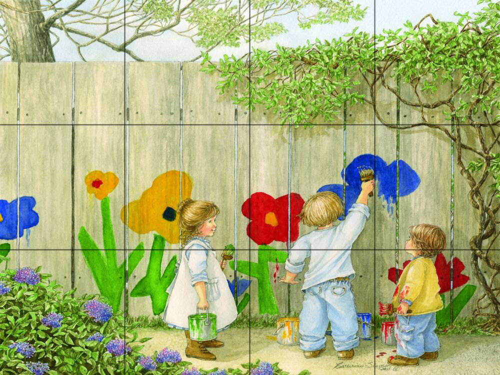 Tile Mural Kitchen Backsplash Garden Fence by Catherine Simpson, 17" W ...