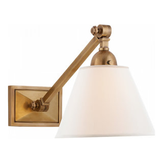 Jane Single Library Wall Light, 1-Light Hand-Rubbed Brass, Linen Shade ...
