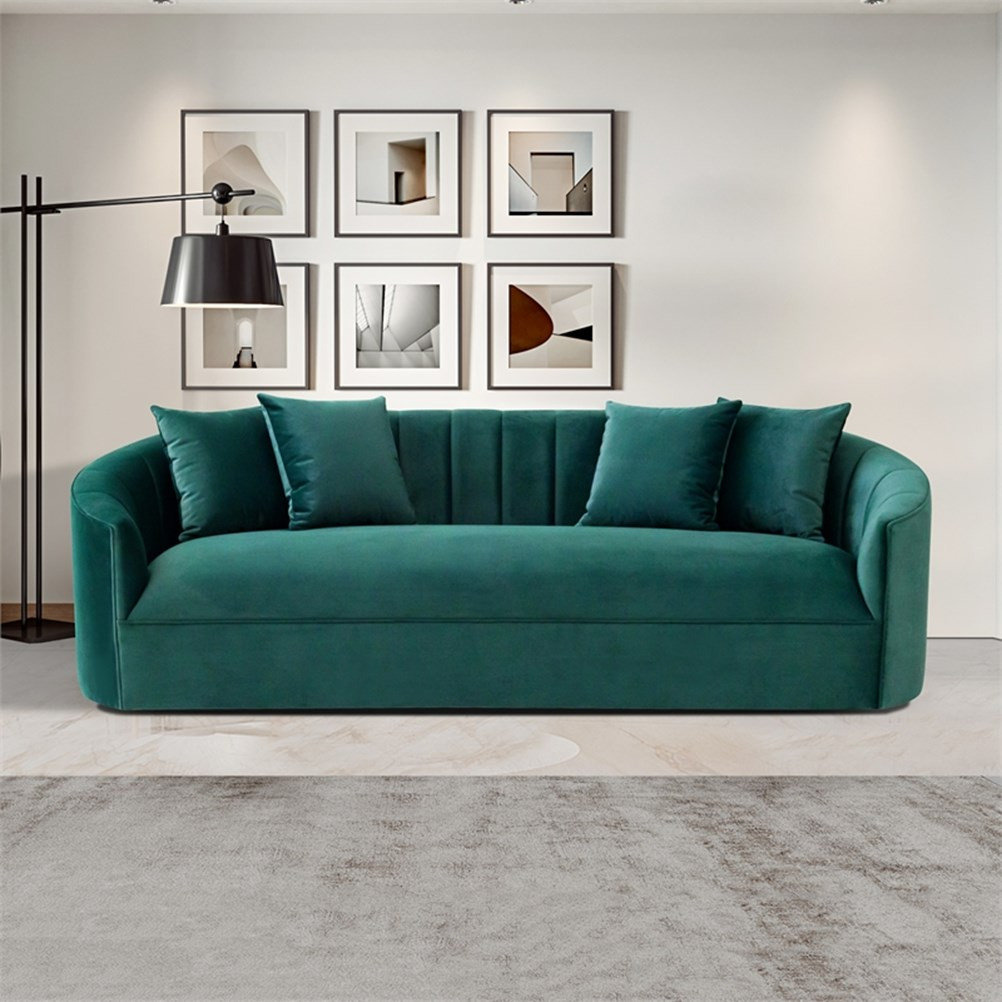 Kont Mid Century Modern Japandi Style Tight Back Velvet Couch in Green ...