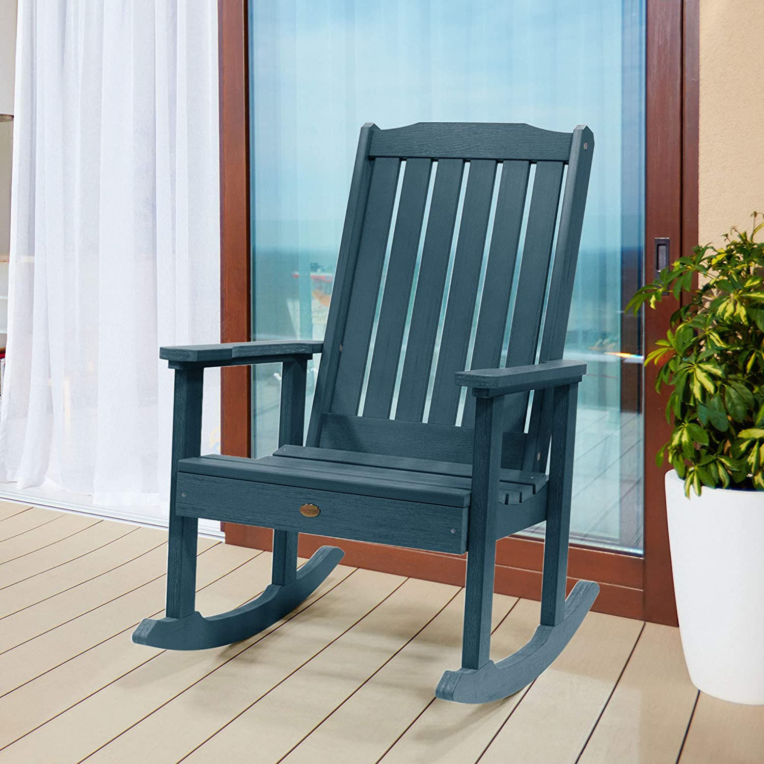 Weather Resistant Rocking Chair in Blue with Real Wood Look and Slatted ...