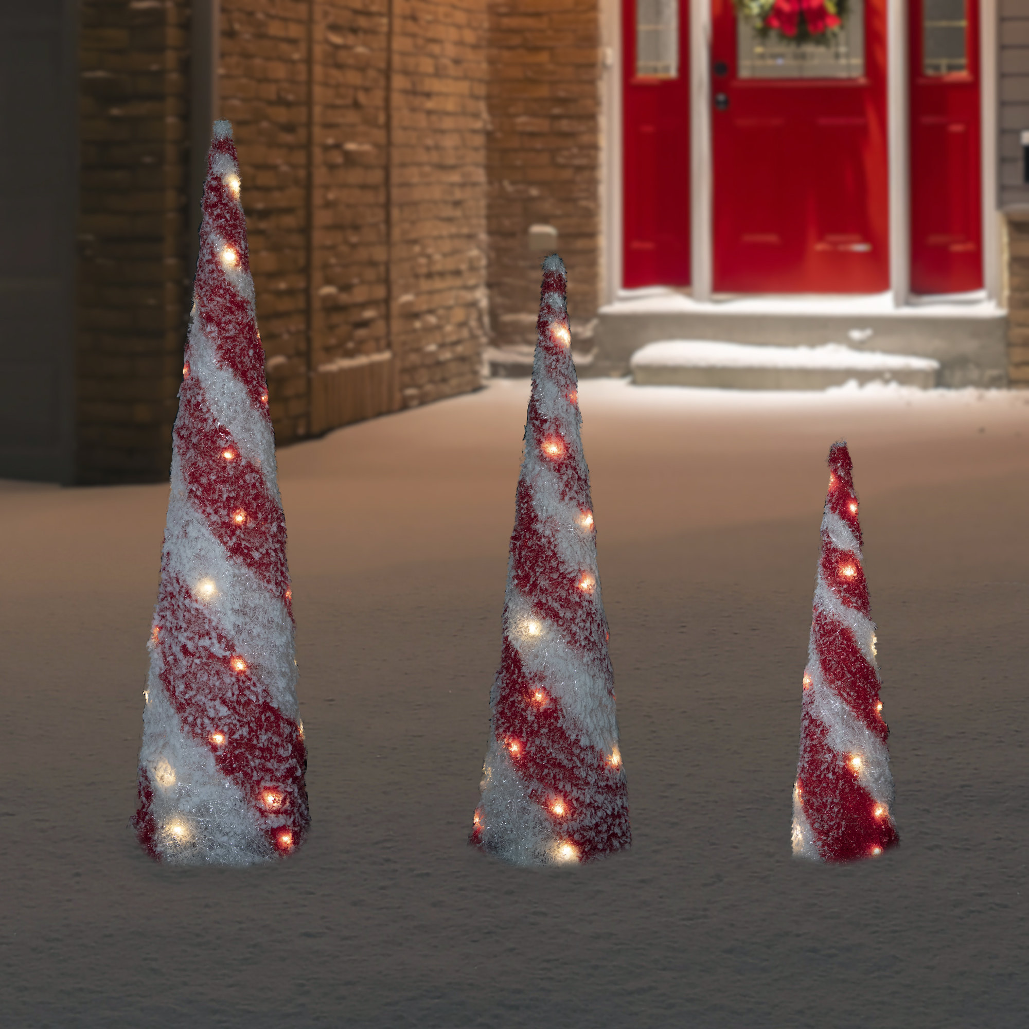 3-Piece LED Lighted Snowy Candy Cane Striped Christmas Cone Tree Set3 ...