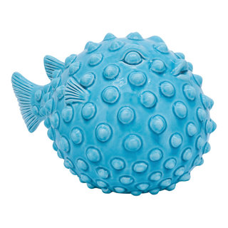 Ceramic 13" Puffer Fish, Blue, 13x8x8" - Beach Style - Decorative ...