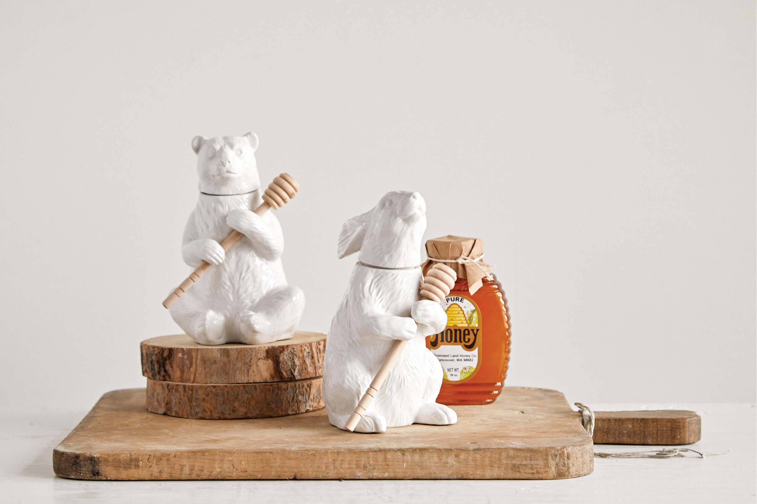White Bear Shaped Honey Pot with Lid & Bamboo Dipper (Set of 2 Pieces ...