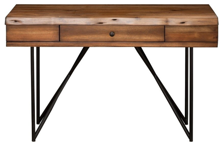 One Drawer Acacia Wood Writing Desk with Pointed Metal Legs, Brown and ...