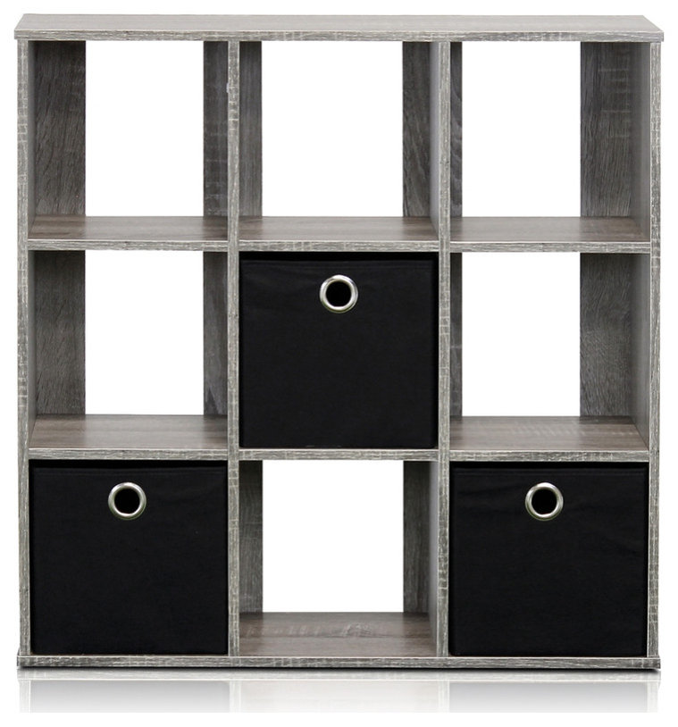 Simplistic 9-Cube Organizer with Bins, French Oak Grey/Black ...
