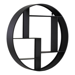 Round Metal Wall Shelf with 7 Slots and 2 Keyhole Hangers, Coated Black ...