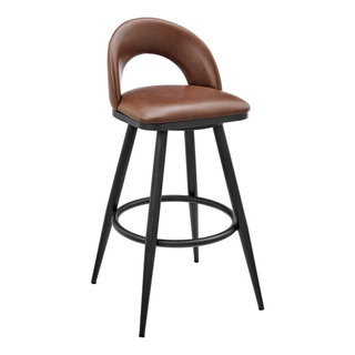 Lottech Swivel Bar Stool in Black Metal with Brown Faux Leather ...