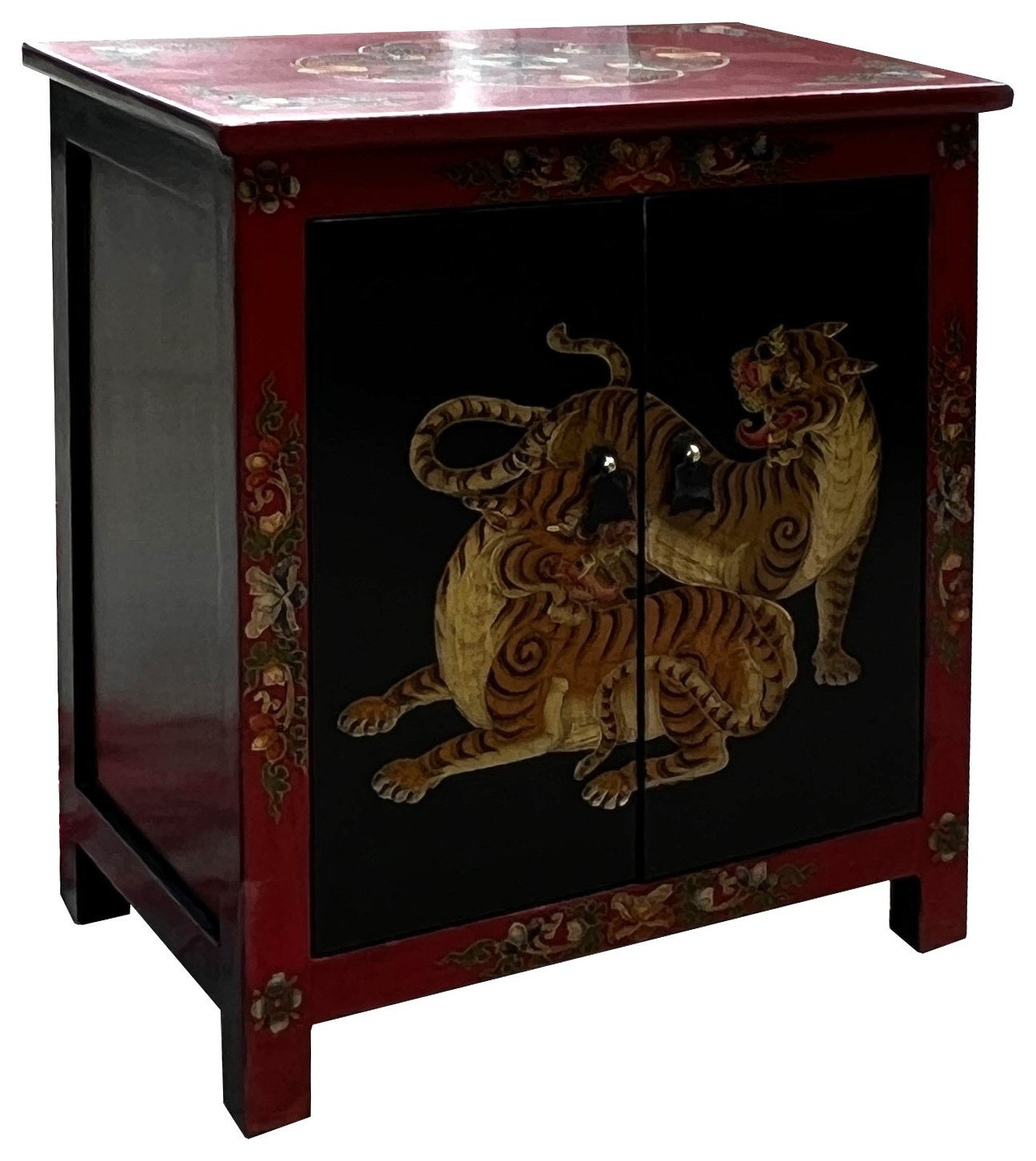 Tibetan Oriental Black Red Double Tigers End Table Nightstand Hcs7589 ...