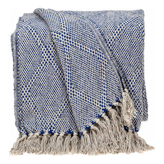 Blue and Beige Woven Handloom Throw With Tassels - Scandinavian ...