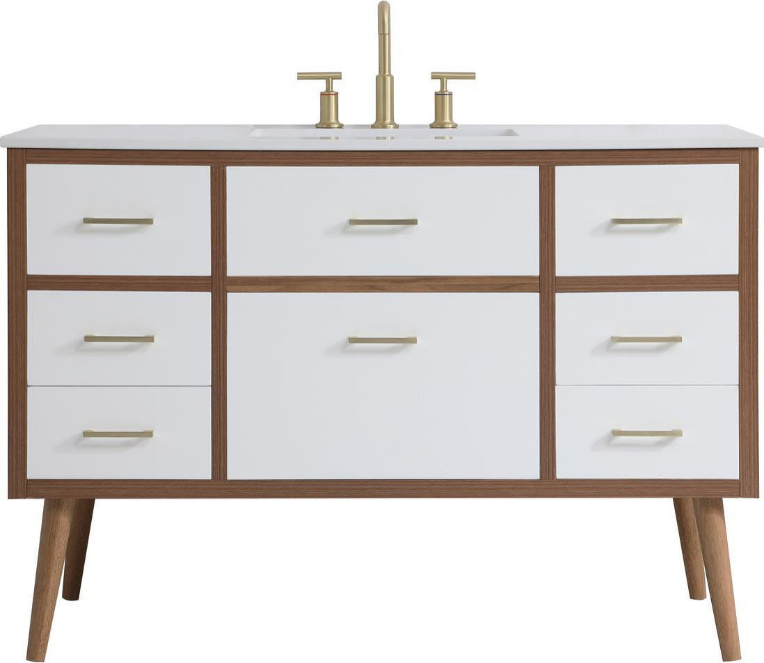 Stylish 48" White Vanity With Gold Details - Midcentury - Bathroom ...