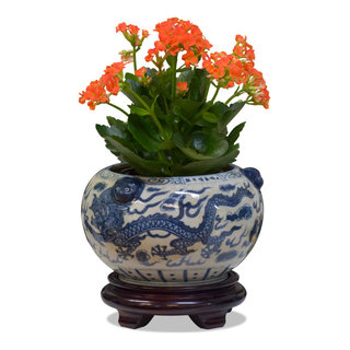 Blue and White Porcelain Double Dragon Asian Planter - Asian - Indoor ...