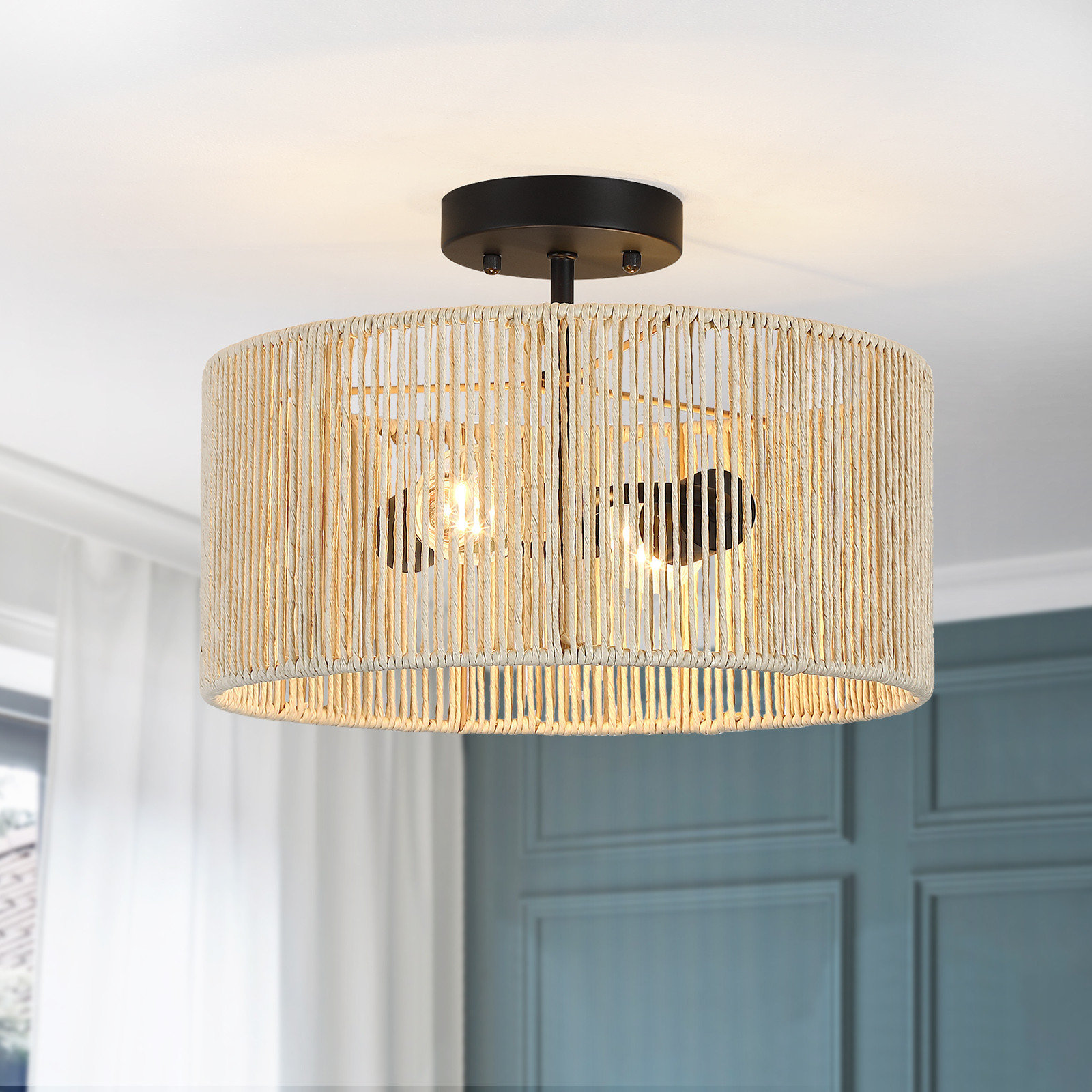 14" W 2-Light Woven Rope Drum Semi-Flush Mount Ceiling Light - Beach ...
