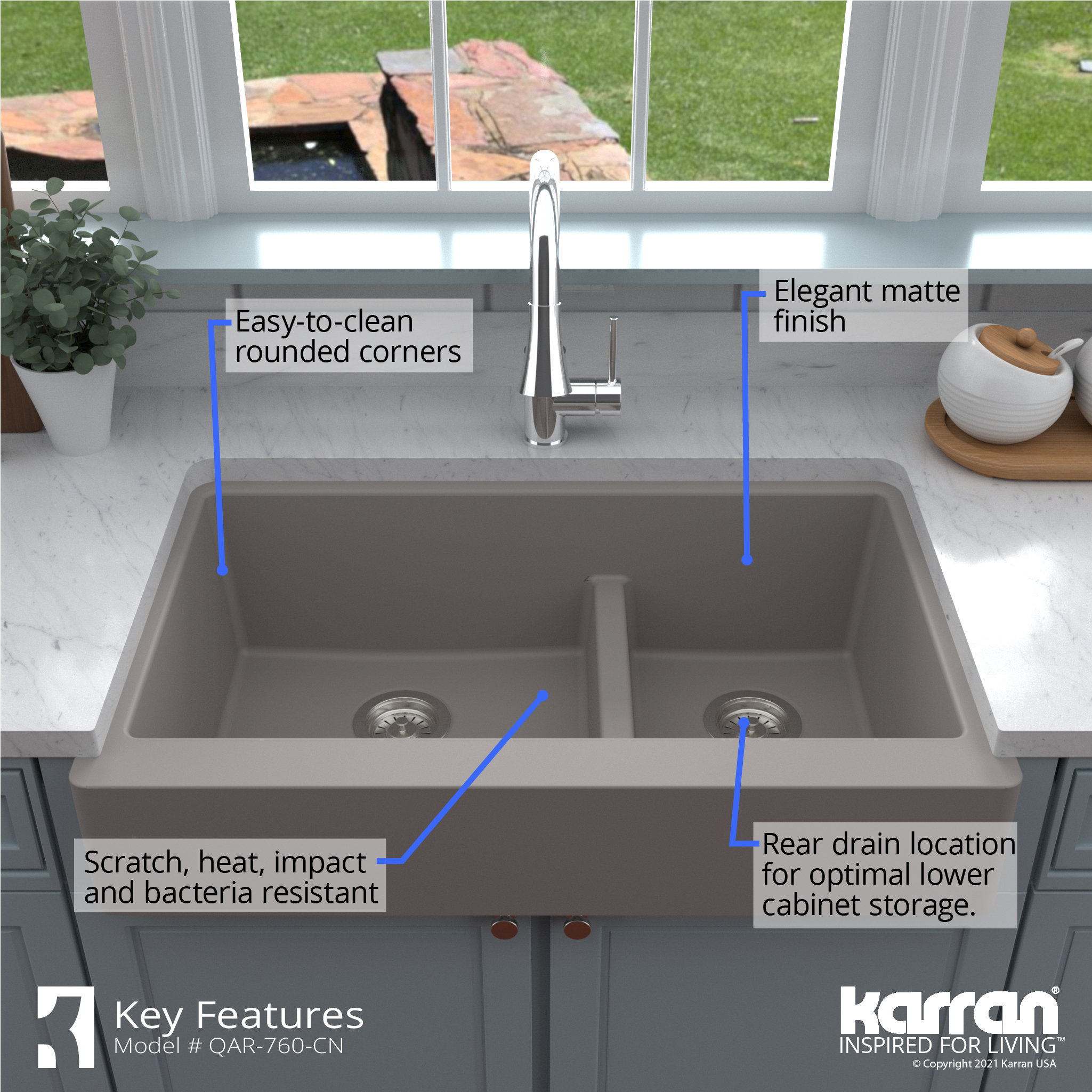 Karran Retrofit Farmhouse Quartz 34" Double Offset Bowl Sink ...