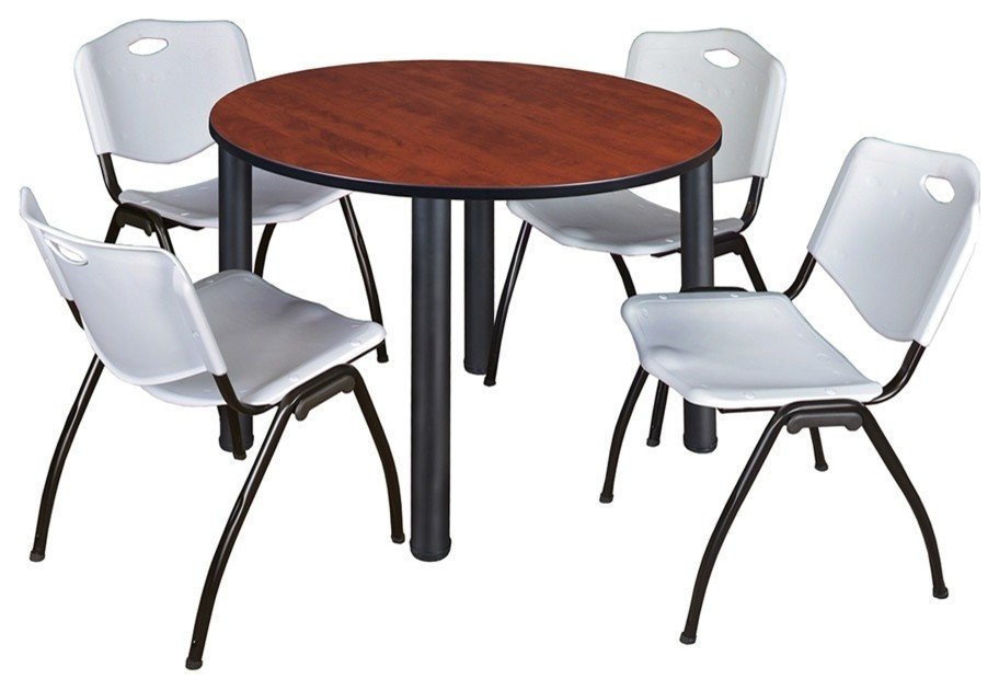 Kee 48" Round Breakroom Table, Cherry/ Black and 4 'M' Stack Chairs ...