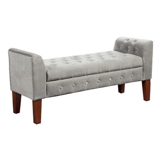Velvet Button Tufted Wooden Bench Settee With Hinged Storage, Gray ...