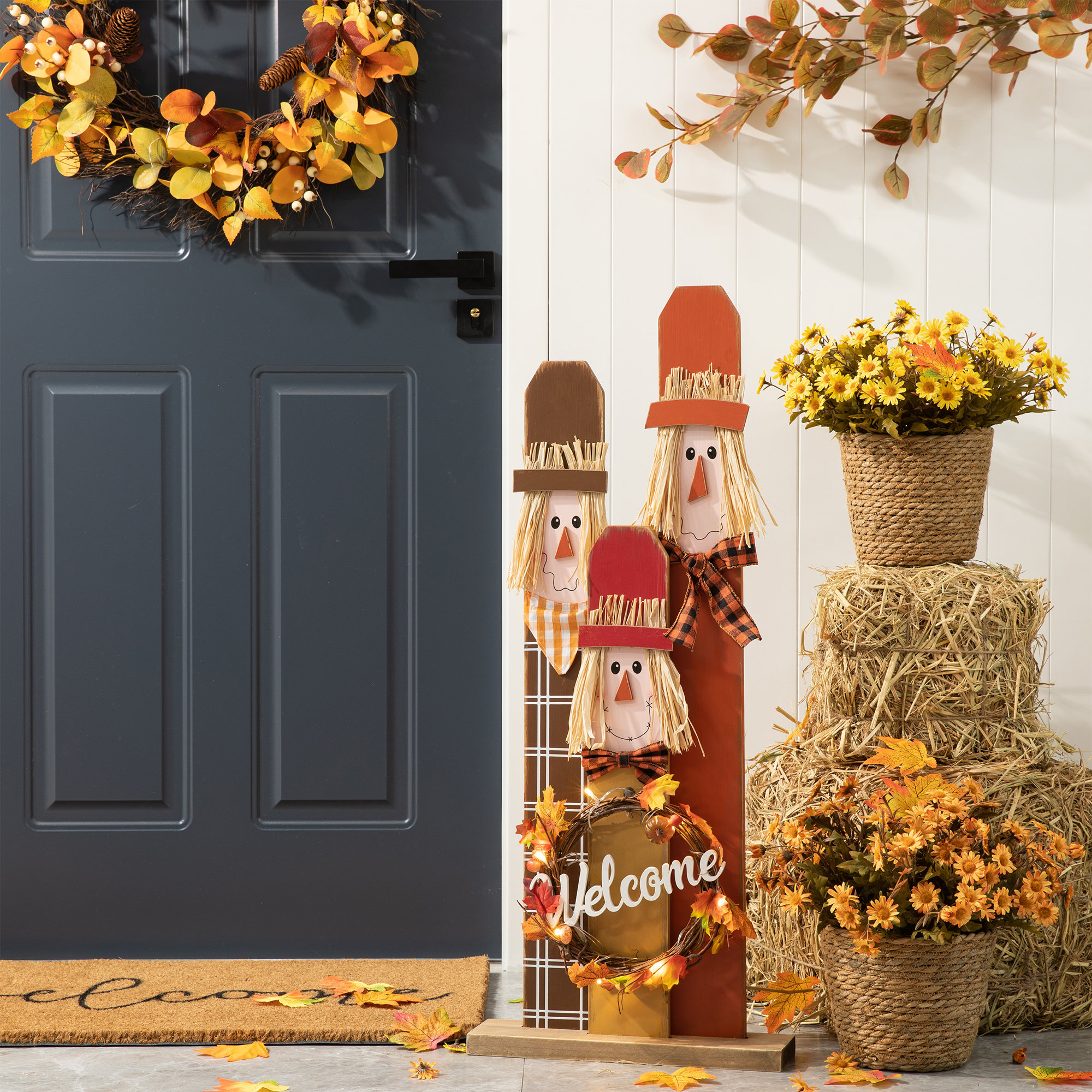 36.25" H Lighted Wooden Scarecrow Porch Decor - Traditional - Outdoor ...