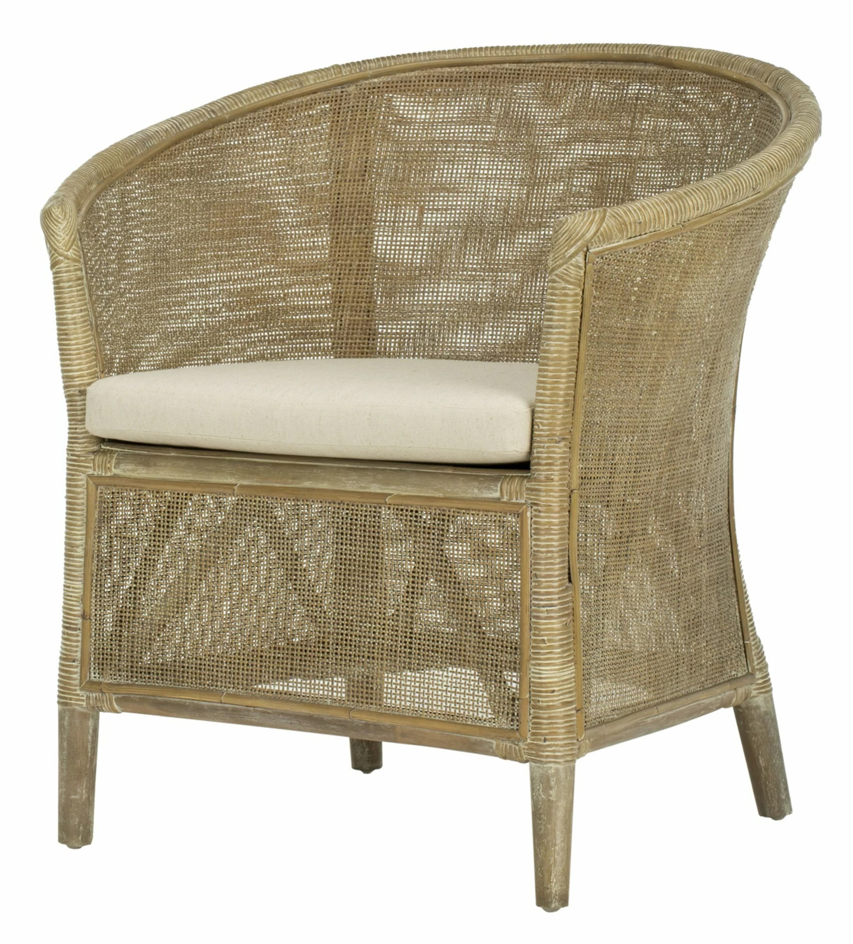 Modern Grey White Wash Rattan Arm Chair, Cushioned Seat, Curved ...