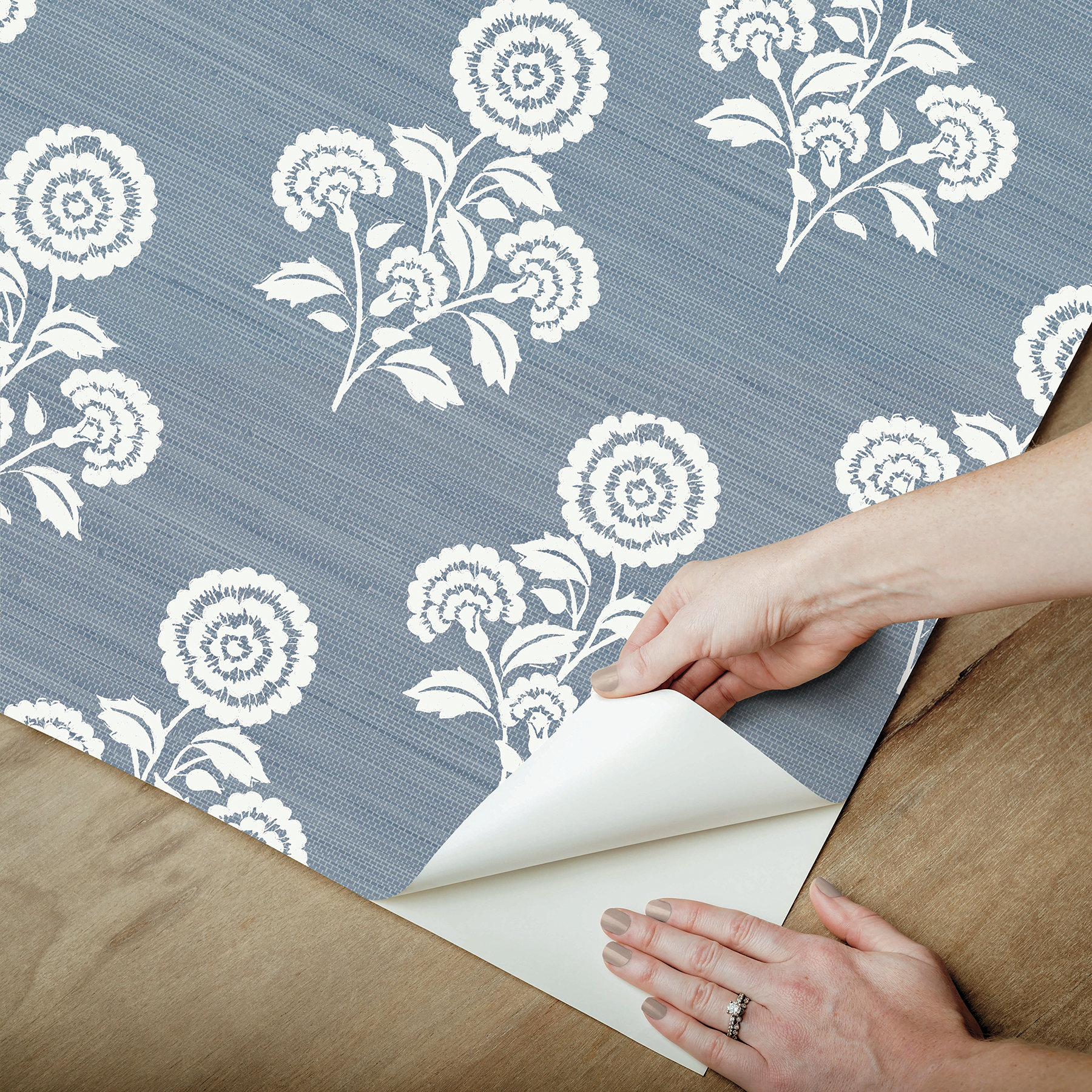 Flourish Block Print Min Blue Faux Grasscloth Peel and Stick Wallpaper ...