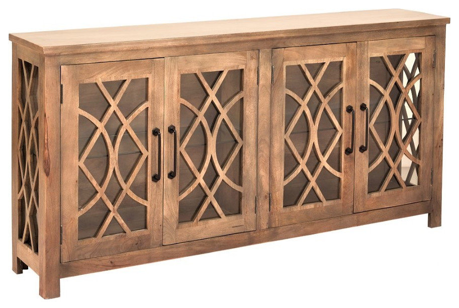 80" Slim Natural Color Rustic Curio Buffet With Trellis Glass Doors ...