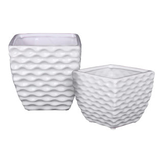 Ceramic Square Vase with Embossed Wave Pattern, Set of 2, White ...