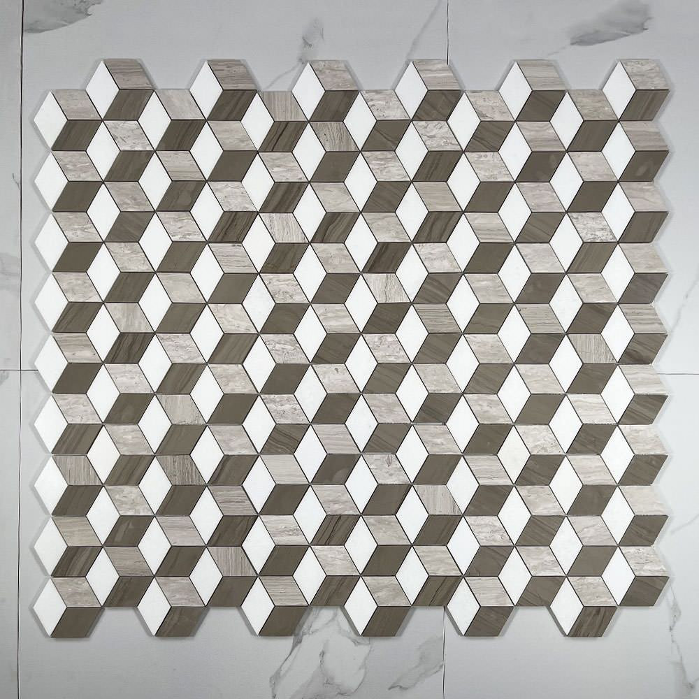 Athens Silver Cream Marble 3D Cube Diamond Geometry Hex Mosaic Tile, 1 ...