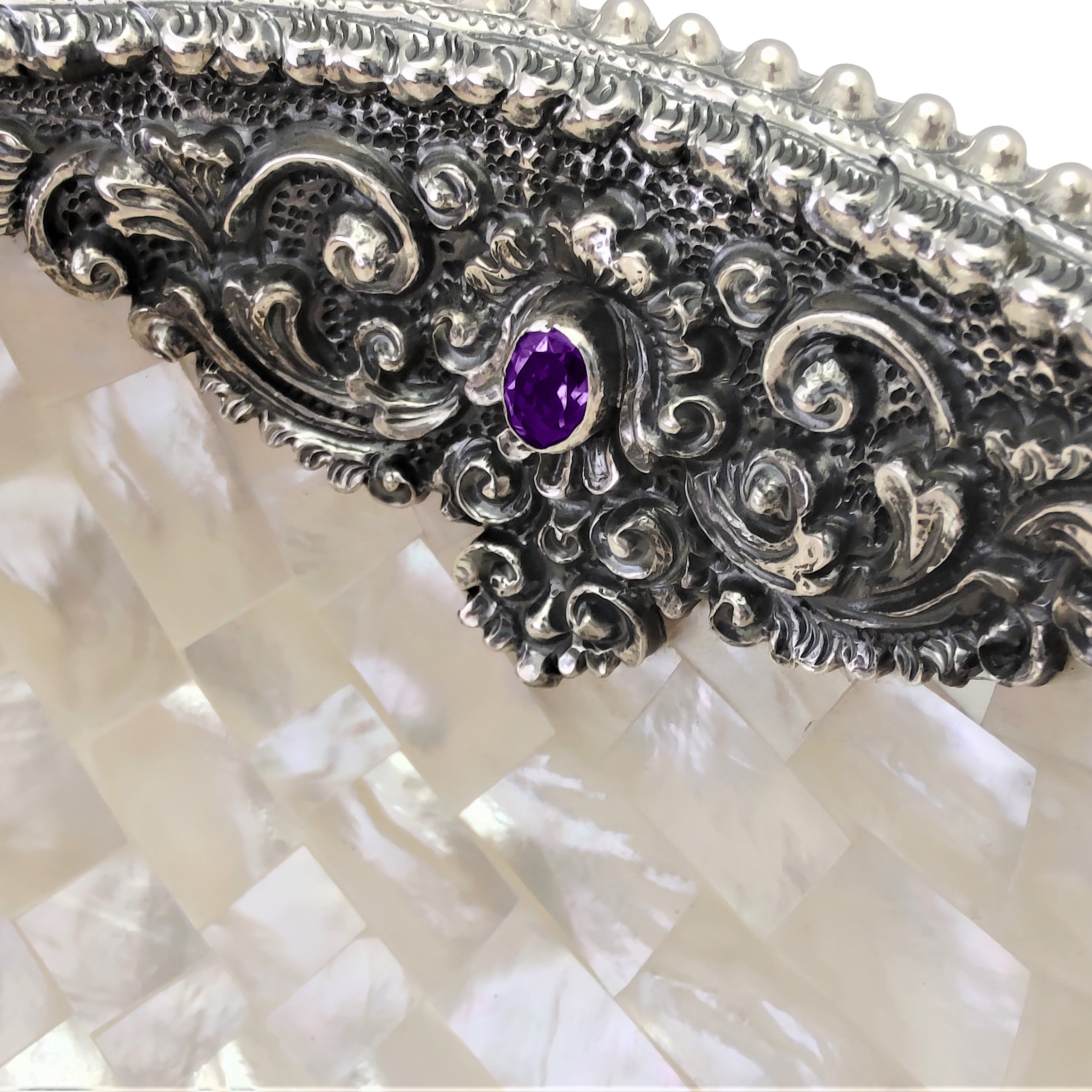 Laminated Mother of Pearl Bowl with Repose' Silver & facetted Amethyst ...