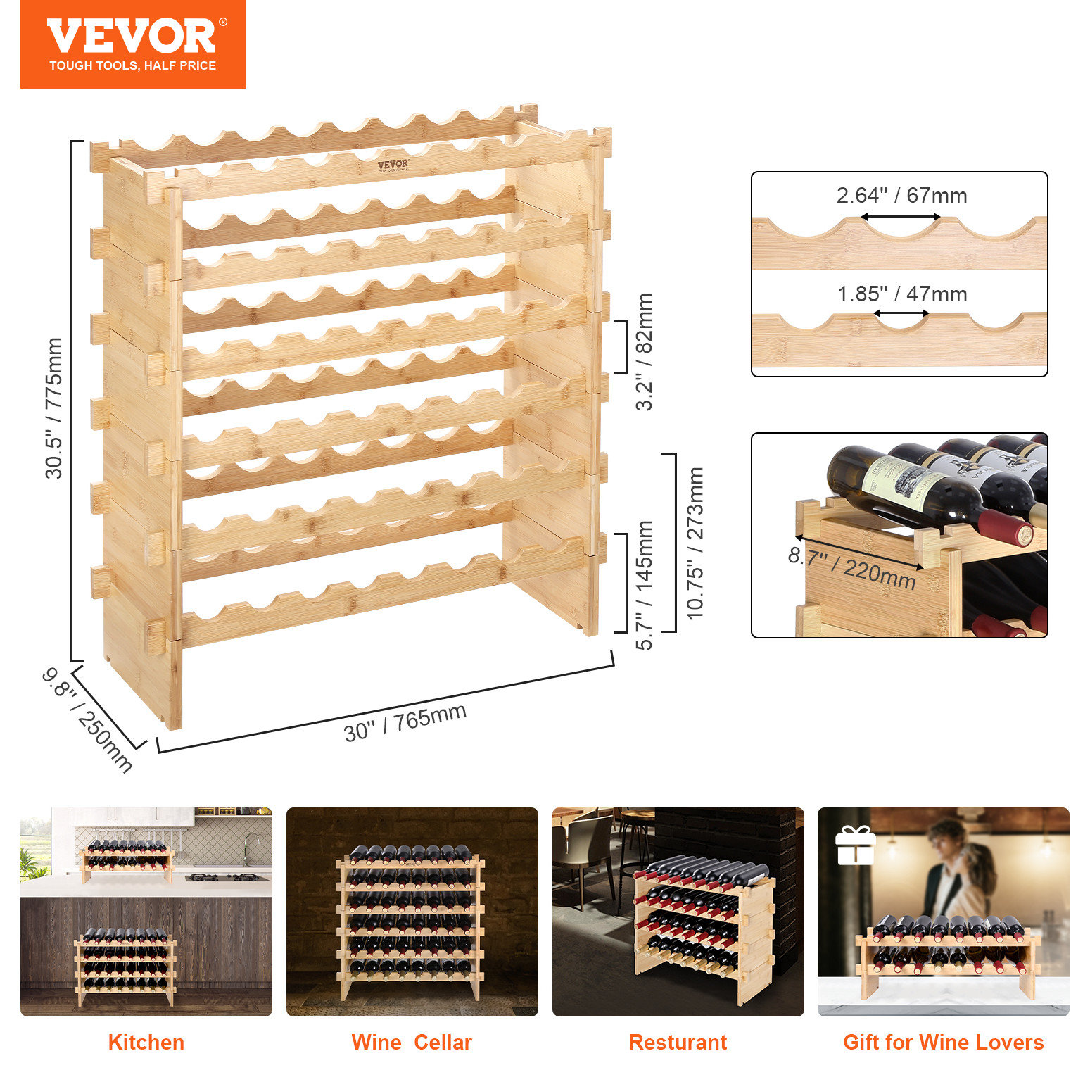 VEVOR Stackable Modular Wine Rack Bamboo Wood Display Shelf, 6 Tier ...