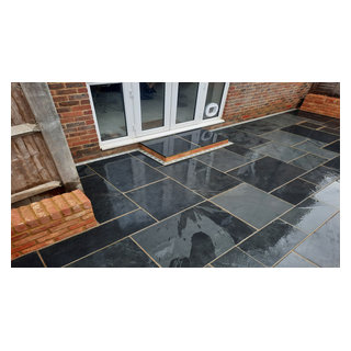 Brazilian Slate Patio & Path with Old Farmhouse Brick Walls & New Lawn ...