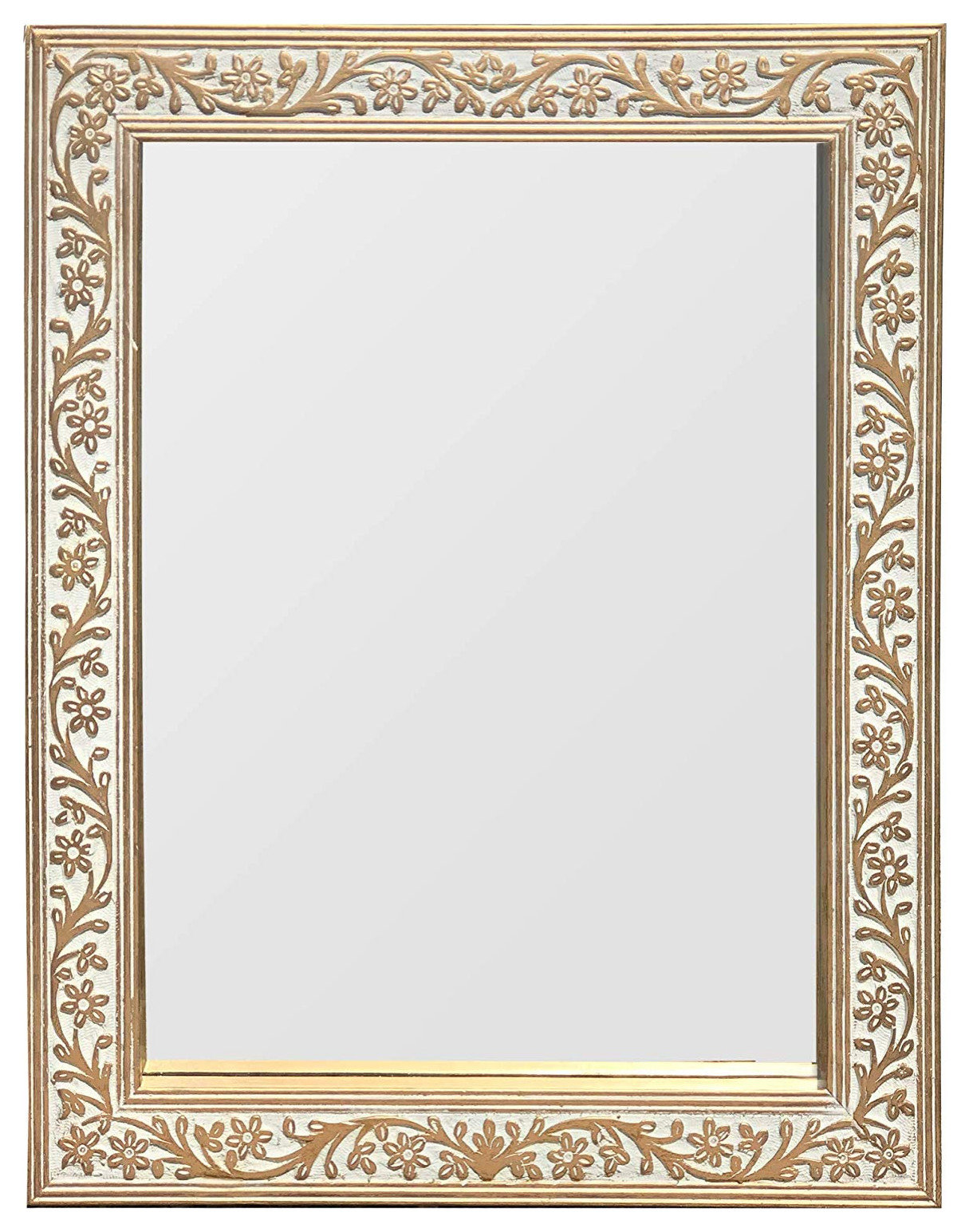 Mango Wood Rectangular Wall Mirror Vintage Carving, Rustic White, Gold ...