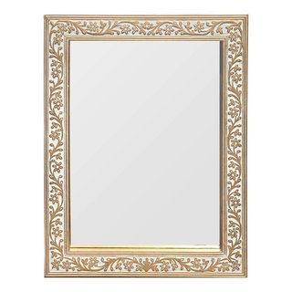 Mango Wood Rectangular Wall Mirror Vintage Carving, Rustic White, Gold ...