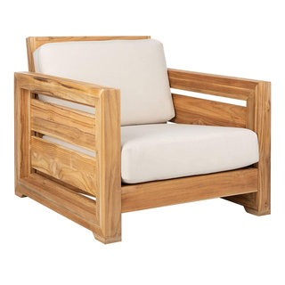 Coastal Outdoor Lounge Chair, Teak Wood Frame With Cushioned Seat ...