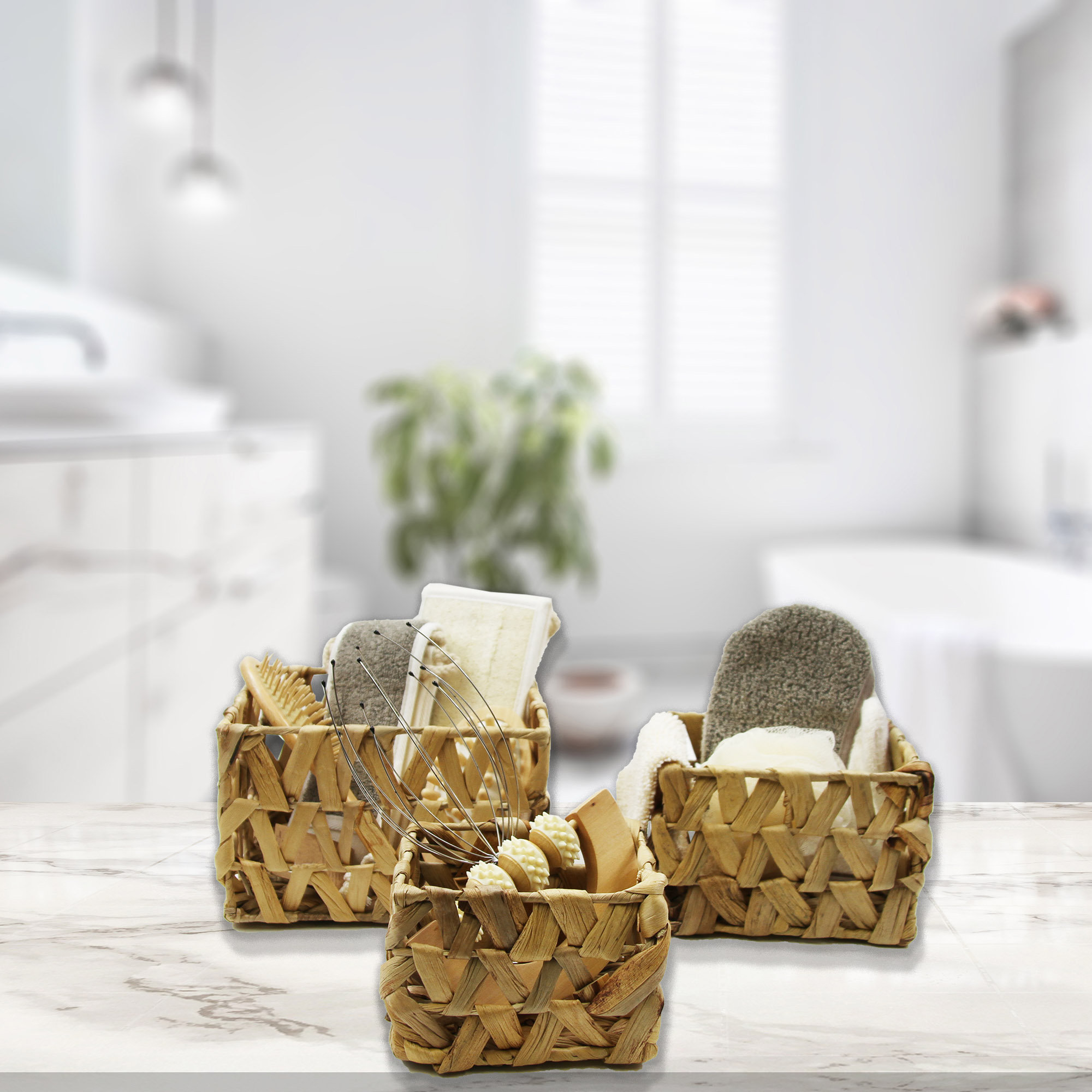 Rectangular Braided Water Hyacinth Baskets With Handles Natural Set of ...
