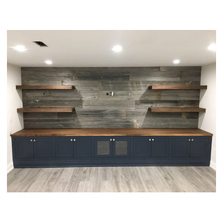 Entertainment room built-ins, floating shelves and storage - Craftsman ...