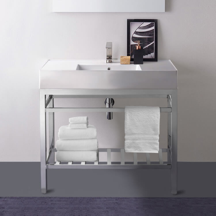 Modern Ceramic Console Sink With Counter Space and Chrome Base ...