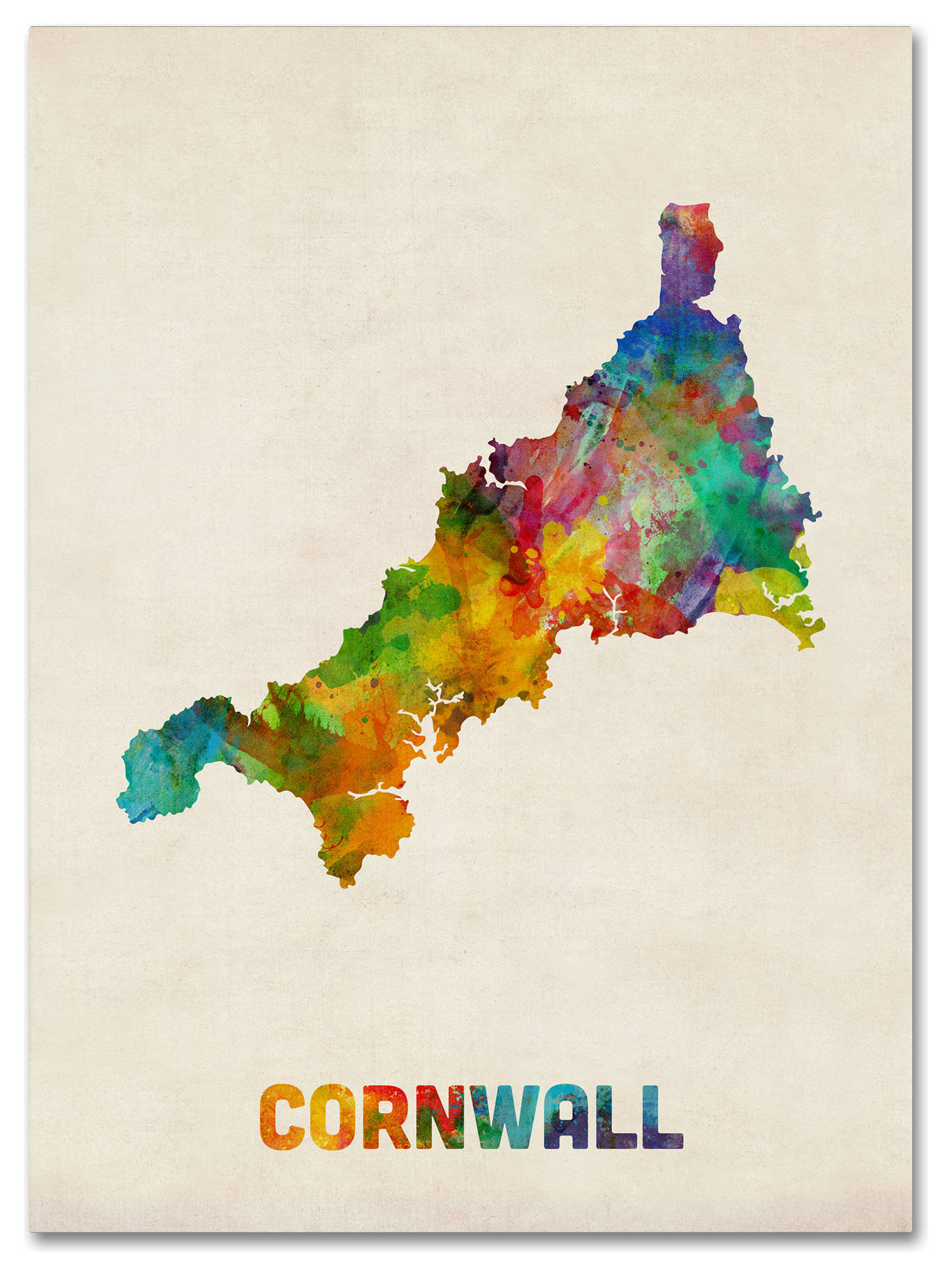 "Cornwall England Watercolor Map" Canvas Art by Michael Tompsett, 18 ...